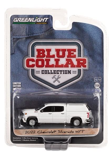 Greenlight 35240-F Blue Collar Collection Series 11-2022 Chevy Silverado W/T with Camper Shell - Summit White 1:64 Scale Diecast