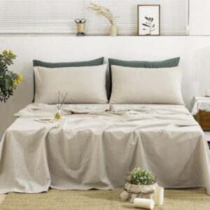 TUMEI Bedding 100% Linen Sheets California King, 4Pcs Linen Sheets Set Cal King Soft Durable Deep Pocket Fitted Sheet & Flat Sheet & 2 Pillowcases, Natural Linen California King Size