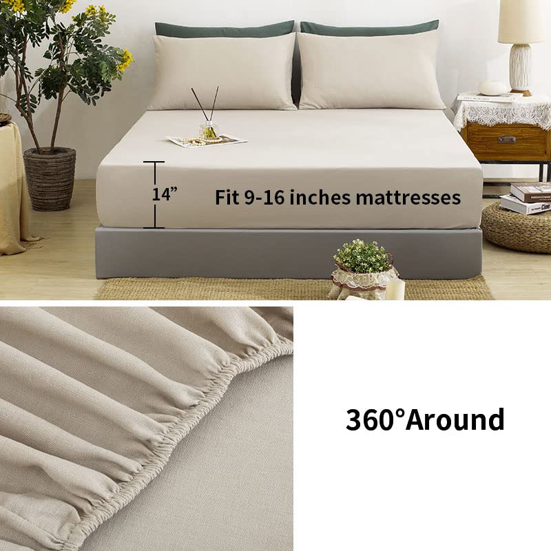 TUMEI Bedding 100% Linen Sheets California King, 4Pcs Linen Sheets Set Cal King Soft Durable Deep Pocket Fitted Sheet & Flat Sheet & 2 Pillowcases, Natural Linen California King Size