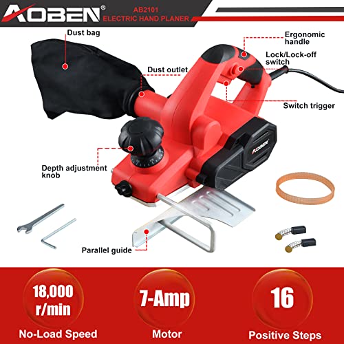 AOBEN 7-Amp Electric Hand Planer, 3-1/4-Inch 18000Rpm Handheld Planer for Woodworking, Power Wood Planer Chamfer for Home DIY