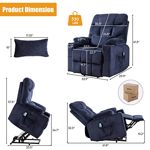 Consofa Power Lift Recliner, Lift Chair with Heat and Massage, Lift Recliner Chairs for Elderly, Electric Power Lift Recliner Chair with Lumbar Pillow, 4 Pockets and 2 Cup Holders, Plush Fabric (Blue)