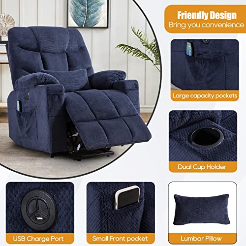 Consofa Power Lift Recliner, Lift Chair with Heat and Massage, Lift Recliner Chairs for Elderly, Electric Power Lift Recliner Chair with Lumbar Pillow, 4 Pockets and 2 Cup Holders, Plush Fabric (Blue)