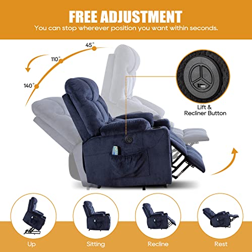 Consofa Power Lift Recliner, Lift Chair with Heat and Massage, Lift Recliner Chairs for Elderly, Electric Power Lift Recliner Chair with Lumbar Pillow, 4 Pockets and 2 Cup Holders, Plush Fabric (Blue)