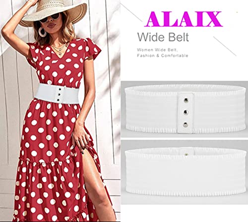 ALAIX Women's Wide Belt Stretchy Dress Belts Elastic Snap-Button Corset Belts for Women Waist Belt Waistband White(Fits 33~37 inches)