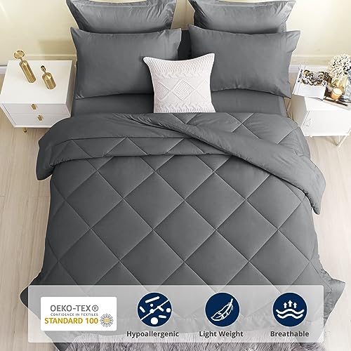 HEVUMYI California King Comforter Set 7 Pieces, All Season Bed in a Bag, Down Alternative Bedding Sets with Comforter, Flat Sheet, Fitted Sheet, Pillowcases & Pillow Shams (Dark Gray,104x90 Inch)