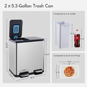 ELPHECO Dual Compartment Recycling Kitchen Step Trash Can 2×5.4 Gallon Stainless Steel Garbage Can for Kitchen with 2 Removable Buckets and Lids