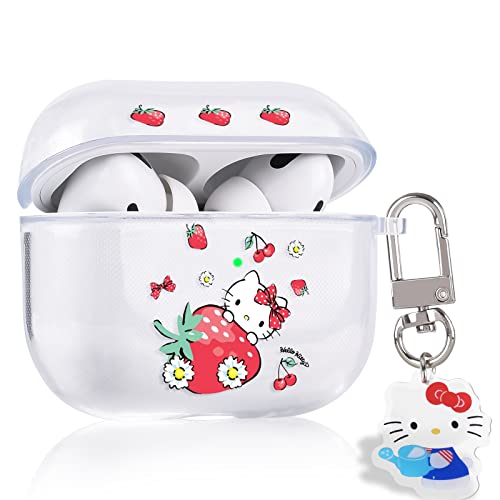 Cute Strawberry Cat Airpods case for AirPods Pro Cartoon Air Pod Pro Cover Clear with Funny Kawaii Anime Keychain for Women Girls Kids Protective Soft Silicone Cover for AirPod Pro (2019)