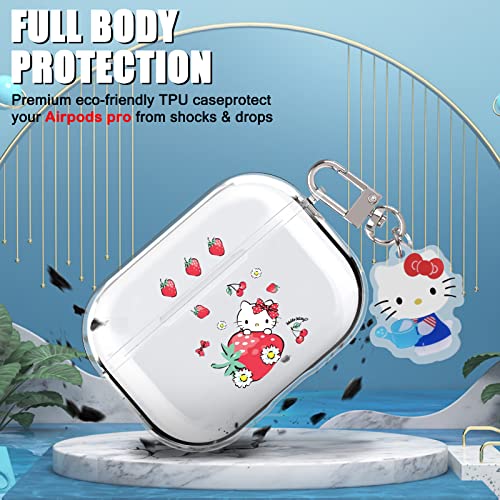 Cute Strawberry Cat Airpods case for AirPods Pro Cartoon Air Pod Pro Cover Clear with Funny Kawaii Anime Keychain for Women Girls Kids Protective Soft Silicone Cover for AirPod Pro (2019)