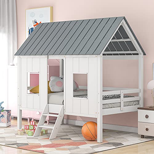 Merax Twin Size Wooden House Bed, Low Loft Bed Frames with Two Front Windows and Roof for Girls and Boys, White(Grey Roof)