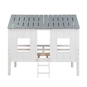 Merax Twin Size Wooden House Bed, Low Loft Bed Frames with Two Front Windows and Roof for Girls and Boys, White(Grey Roof)