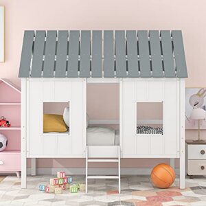 Merax Twin Size Wooden House Bed, Low Loft Bed Frames with Two Front Windows and Roof for Girls and Boys, White(Grey Roof)