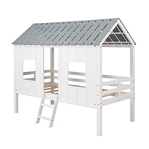 Merax Twin Size Wooden House Bed, Low Loft Bed Frames with Two Front Windows and Roof for Girls and Boys, White(Grey Roof)