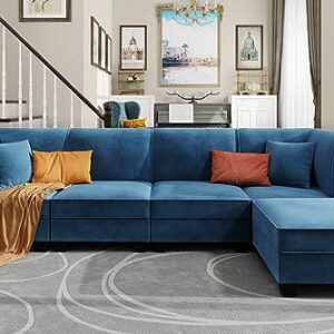 Vongrasig 5 Pieces Modular Sectional Sofa Couch with Reversible Chaise 116" Velvet L-Shaped Couch Sofa 4-seat Modular Large Sectional Couch with Ottoman for Living Room, Upholstered Cushion (Blue)