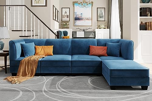 Vongrasig 5 Pieces Modular Sectional Sofa Couch with Reversible Chaise 116" Velvet L-Shaped Couch Sofa 4-seat Modular Large Sectional Couch with Ottoman for Living Room, Upholstered Cushion (Blue)