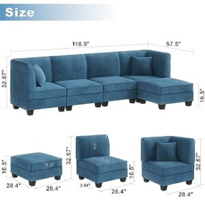 Vongrasig 5 Pieces Modular Sectional Sofa Couch with Reversible Chaise 116" Velvet L-Shaped Couch Sofa 4-seat Modular Large Sectional Couch with Ottoman for Living Room, Upholstered Cushion (Blue)