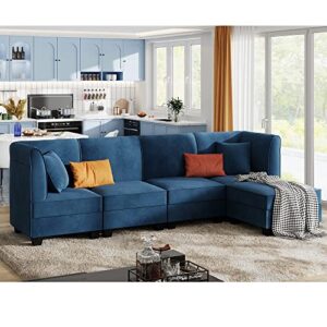 Vongrasig 5 Pieces Modular Sectional Sofa Couch with Reversible Chaise 116" Velvet L-Shaped Couch Sofa 4-seat Modular Large Sectional Couch with Ottoman for Living Room, Upholstered Cushion (Blue)