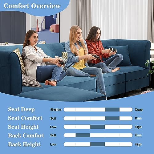 Vongrasig 5 Pieces Modular Sectional Sofa Couch with Reversible Chaise 116" Velvet L-Shaped Couch Sofa 4-seat Modular Large Sectional Couch with Ottoman for Living Room, Upholstered Cushion (Blue)