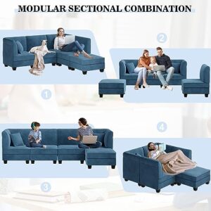 Vongrasig 5 Pieces Modular Sectional Sofa Couch with Reversible Chaise 116" Velvet L-Shaped Couch Sofa 4-seat Modular Large Sectional Couch with Ottoman for Living Room, Upholstered Cushion (Blue)