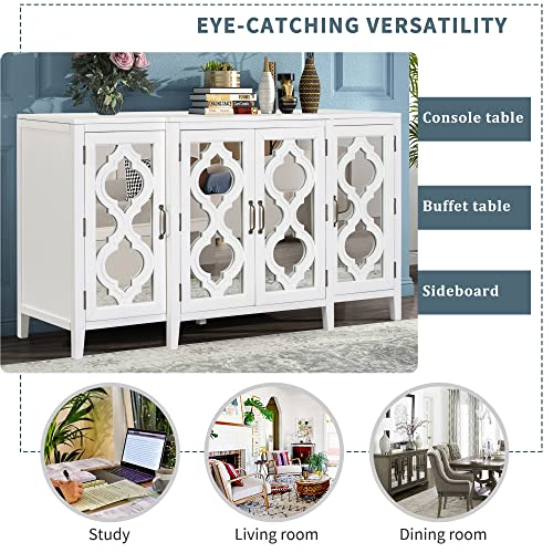 60'' Retro Mirrored Console Table Sideboard with 4 Cabinets and 3 Adjustable Shelves, Large Storage Cabinet Free Stand Kitchen Buffet Server Cabinet for Entryway/Living Room/Dining Room (White-59.8'')