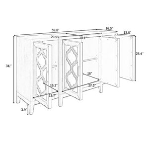 60'' Retro Mirrored Console Table Sideboard with 4 Cabinets and 3 Adjustable Shelves, Large Storage Cabinet Free Stand Kitchen Buffet Server Cabinet for Entryway/Living Room/Dining Room (White-59.8'')