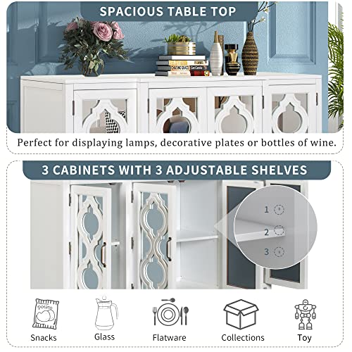 60'' Retro Mirrored Console Table Sideboard with 4 Cabinets and 3 Adjustable Shelves, Large Storage Cabinet Free Stand Kitchen Buffet Server Cabinet for Entryway/Living Room/Dining Room (White-59.8'')