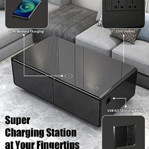 LIVTAB Smart Coffee Table, 27.8" D x 51" W x 18.1" H, Living Room Table with Built in Fridge and Speakers, Smart Table with 15W Wireless Charging, USB Chargers and 110V Outlets (Black)