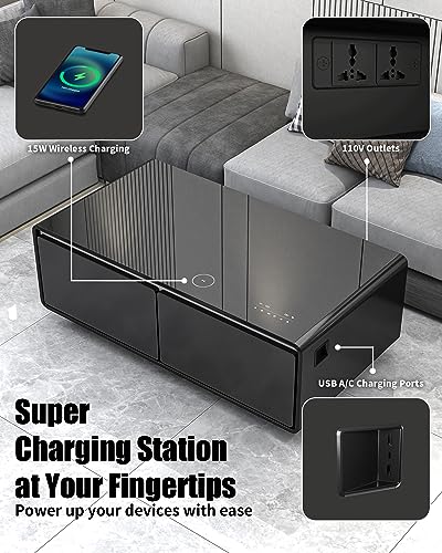 LIVTAB Smart Coffee Table, 27.8" D x 51" W x 18.1" H, Living Room Table with Built in Fridge and Speakers, Smart Table with 15W Wireless Charging, USB Chargers and 110V Outlets (Black)