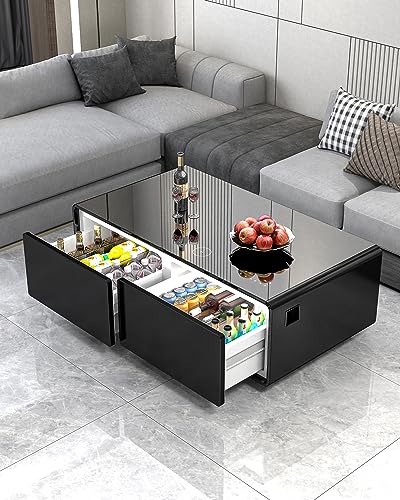 LIVTAB Smart Coffee Table, 27.8" D x 51" W x 18.1" H, Living Room Table with Built in Fridge and Speakers, Smart Table with 15W Wireless Charging, USB Chargers and 110V Outlets (Black)