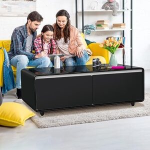 LIVTAB Smart Coffee Table, 27.8" D x 51" W x 18.1" H, Living Room Table with Built in Fridge and Speakers, Smart Table with 15W Wireless Charging, USB Chargers and 110V Outlets (Black)