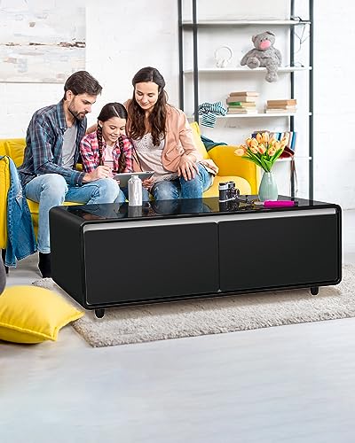 LIVTAB Smart Coffee Table, 27.8" D x 51" W x 18.1" H, Living Room Table with Built in Fridge and Speakers, Smart Table with 15W Wireless Charging, USB Chargers and 110V Outlets (Black)