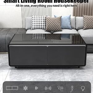 LIVTAB Smart Coffee Table, 27.8" D x 51" W x 18.1" H, Living Room Table with Built in Fridge and Speakers, Smart Table with 15W Wireless Charging, USB Chargers and 110V Outlets (Black)