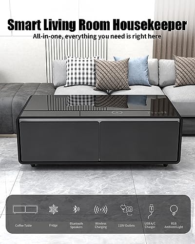 LIVTAB Smart Coffee Table, 27.8" D x 51" W x 18.1" H, Living Room Table with Built in Fridge and Speakers, Smart Table with 15W Wireless Charging, USB Chargers and 110V Outlets (Black)