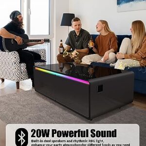 LIVTAB Smart Coffee Table, 27.8" D x 51" W x 18.1" H, Living Room Table with Built in Fridge and Speakers, Smart Table with 15W Wireless Charging, USB Chargers and 110V Outlets (Black)