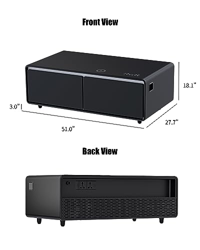 LIVTAB Smart Coffee Table, 27.8" D x 51" W x 18.1" H, Living Room Table with Built in Fridge and Speakers, Smart Table with 15W Wireless Charging, USB Chargers and 110V Outlets (Black)