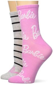 barbie women's 2 pack mid crew socks, pink grey multi, 9-11