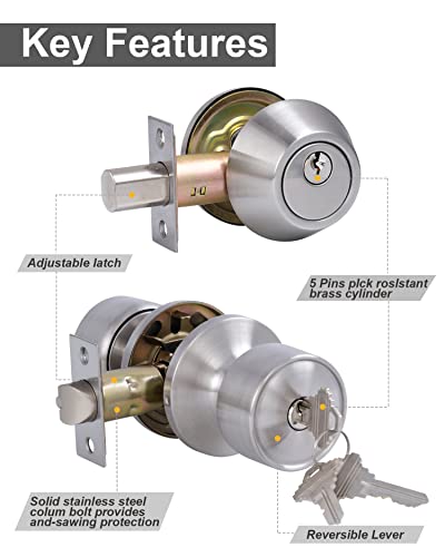 Lanwandeng 2 Sets Keyed Alike Entry Door Knobs and Single Cylinder Deadbolt Lock Combo Set Security for Entrance and Front Door, All Keyed Same Door Lock with Classic Satin Nickel Finish