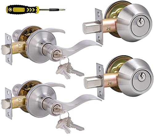 Keyed Alike Front Door Lever Lockset with Single Cylinder Deadbolt Combination Set, Exterior Door Knob with Lock and Deadbolt, Satin Nickel Finished, 2Sets