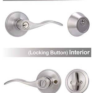 Keyed Alike Front Door Lever Lockset with Single Cylinder Deadbolt Combination Set, Exterior Door Knob with Lock and Deadbolt, Satin Nickel Finished, 2Sets