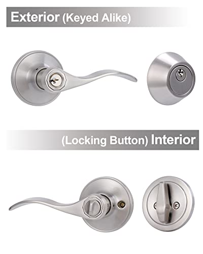 Keyed Alike Front Door Lever Lockset with Single Cylinder Deadbolt Combination Set, Exterior Door Knob with Lock and Deadbolt, Satin Nickel Finished, 2Sets