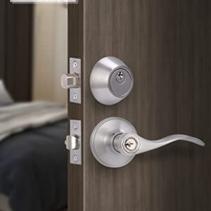 Keyed Alike Front Door Lever Lockset with Single Cylinder Deadbolt Combination Set, Exterior Door Knob with Lock and Deadbolt, Satin Nickel Finished, 2Sets