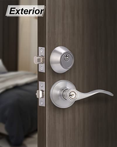 Keyed Alike Front Door Lever Lockset with Single Cylinder Deadbolt Combination Set, Exterior Door Knob with Lock and Deadbolt, Satin Nickel Finished, 2Sets