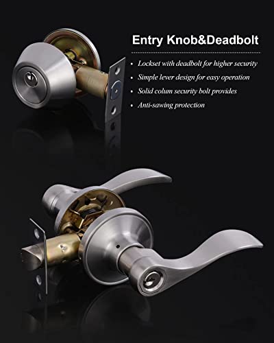 Keyed Alike Front Door Lever Lockset with Single Cylinder Deadbolt Combination Set, Exterior Door Knob with Lock and Deadbolt, Satin Nickel Finished, 2Sets