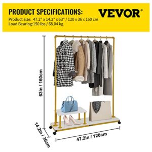 VEVOR Clothing Garment Rack, 47.2"x14.2"x63.0", Heavy-duty Clothes Rack w/Bottom Shelf & Side Shelf, 4 Swivel Casters, Sturdy Steel Frame, Rolling Clothes Organizer for Retail Store Boutique, Gold