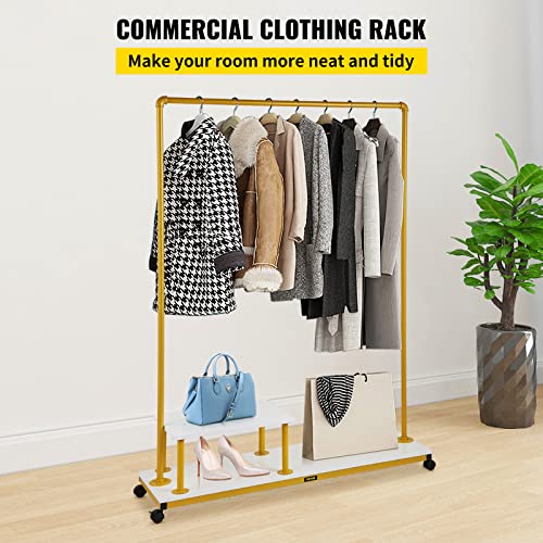 VEVOR Clothing Garment Rack, 47.2"x14.2"x63.0", Heavy-duty Clothes Rack w/Bottom Shelf & Side Shelf, 4 Swivel Casters, Sturdy Steel Frame, Rolling Clothes Organizer for Retail Store Boutique, Gold