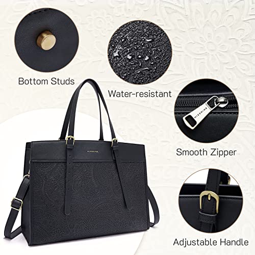 Missnine Laptop Bag for Women 15.6 inch Work Tote Bags PU Leather Professional Computer Briefcase for Office, Business，Black