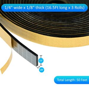 High Density Foam Weather Stripping Door Seal Strip Insulation Tape Roll for Insulating Door Frame, Window, Air Conditioner | Self Adhesive Sealing Weatherstrip (Black, 1/4 in 1/8 in 50 Ft)