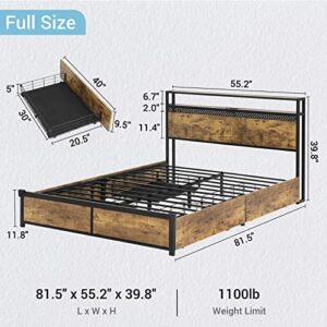 Tiptiper Bed Frame Full Size with Storage Drawers & LED Lights Headboard, Platform Bed Frame with Outlets & USB Ports, Noise-Free, No Box Spring Needed, Rustic Brown