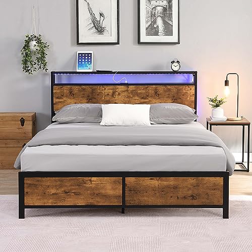 CNANXU Modern Industrial Queen Bed Frame with LED Lights and 2 USB Ports, Queen Size Platform Bed Frame with Wood Storage Headboard, Noise Free, No Box Spring Needed, Rustic Brown (Queen)