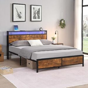 CNANXU Modern Industrial Queen Bed Frame with LED Lights and 2 USB Ports, Queen Size Platform Bed Frame with Wood Storage Headboard, Noise Free, No Box Spring Needed, Rustic Brown (Queen)