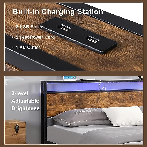 CNANXU Modern Industrial Queen Bed Frame with LED Lights and 2 USB Ports, Queen Size Platform Bed Frame with Wood Storage Headboard, Noise Free, No Box Spring Needed, Rustic Brown (Queen)